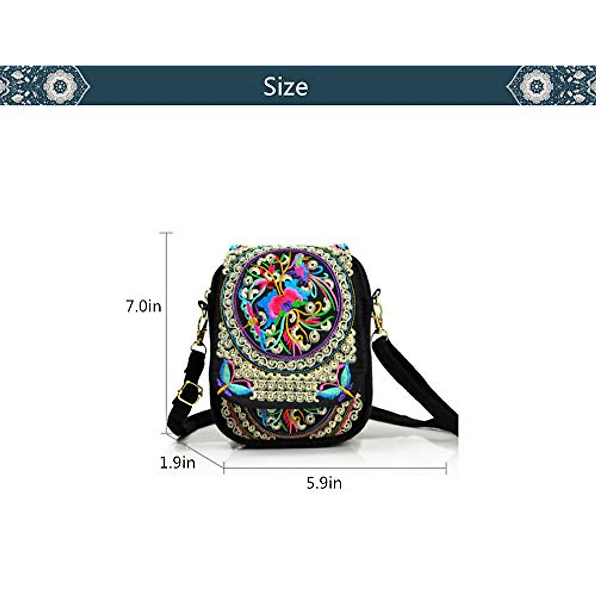 BigBigMe Women Ethnic Embroidered Handmade Mini Canvas Crossbody Shoulder Boho Travel Handbag Cell Phone Purse Wallet, Multicolor, 5.9 * 1.9 * 7.0 inch