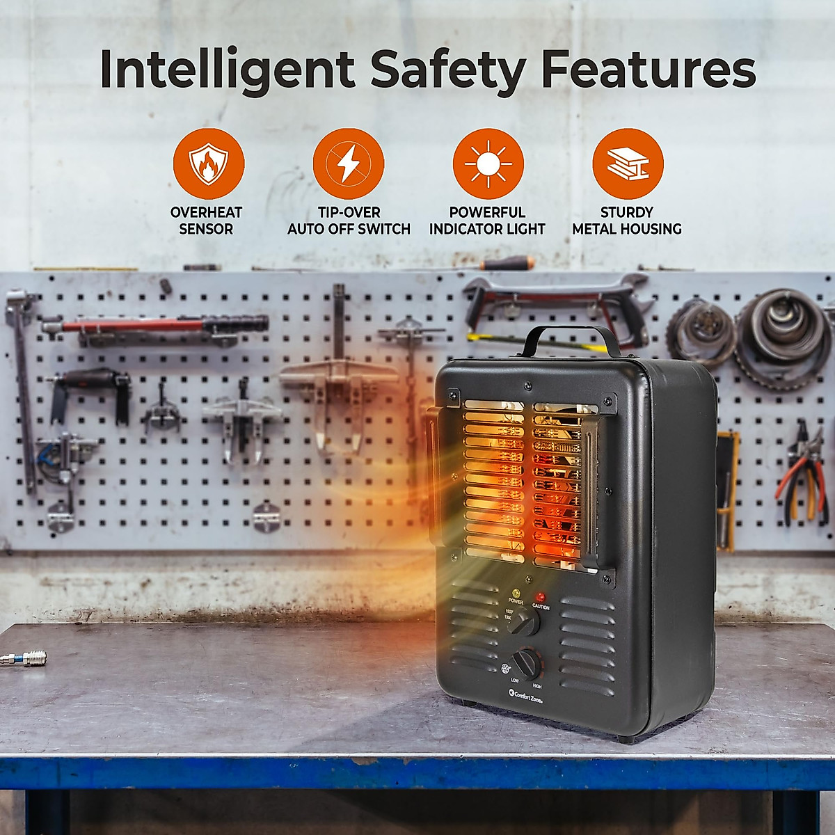 Comfort Zone Electric Portable Utility Space Heater with Adjustable Thermostat, Overheat Protection, & Tip-Over Switch, 1500W, CZ799BK