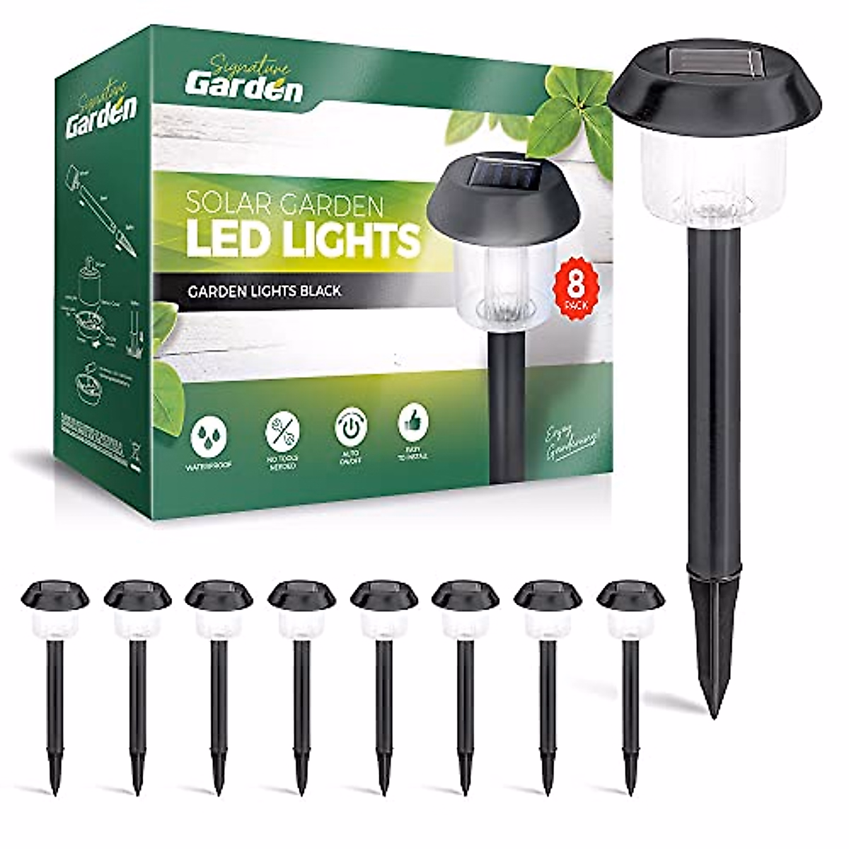 Signature Garden Solar Garden Lights - Auto On/Off Outdoor Bright Solar Pathway Lights - All-Weather/Waterproof Outdoor Solar Lights for Yard, Garden, or Driveway (8-Pack, Black)