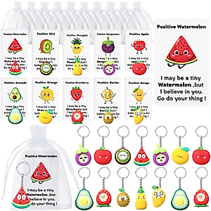 Quelay 30 Sets Positive Inspirational Fruit Keychain Bulk Employee Appreciation Gift Mini Fruit Cards Organza Bag Christmas Gift