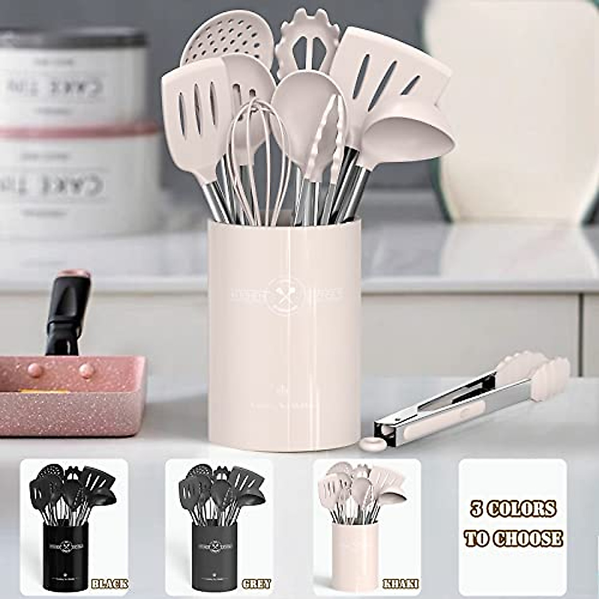 Umite Chef Silicone Kitchen Cooking Utensil Set, 43 pcs Silicone Kitchen Spatula Utensils Set with Stainless Steel Handle, Non-stick Heat Resistant - Best Kitchen Cookware Set-(Khaki)