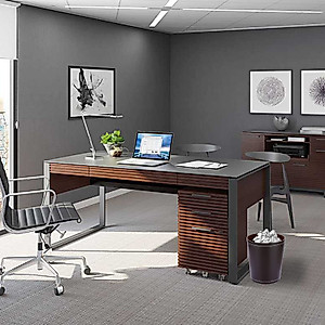 Sumnacon Round Leather Waste Basket,Small Classic PU Trash Garbage Can Under Desk Cabinet, Contemporary Wastebasket Bin for Home Office Laundry Room Living Room Bathroom Office,Brown