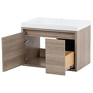 Spring Mill Cabinets Kelby 30 Inch Modern Floating Bathroom Vanity with White Single Sink Top, 1-Door Cabinet, 1 Soft-Close Drawer, 30.5" W x 18.75" D x 22.25" H, Forest Elm