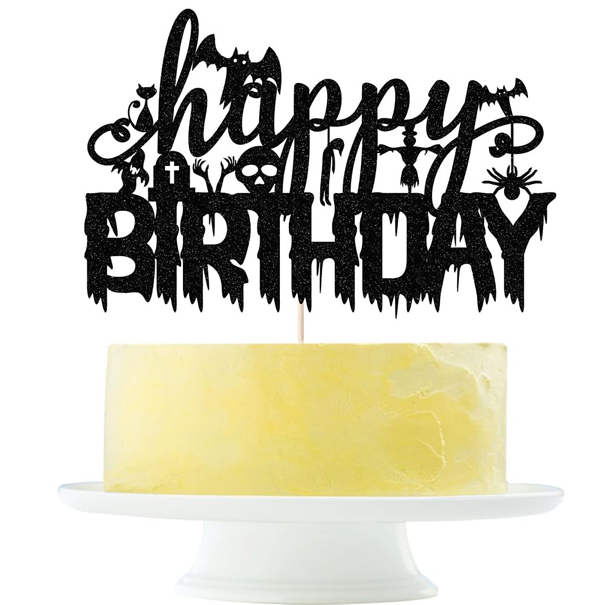 Black Glittery Halloween Happy Birthday Cake Topper Halloween Birthday Cake Picks with Bat Ghost Spider Signs Halloween Boys Girls Birthday Baby Shower Party Cake Supplies Decorations (1)