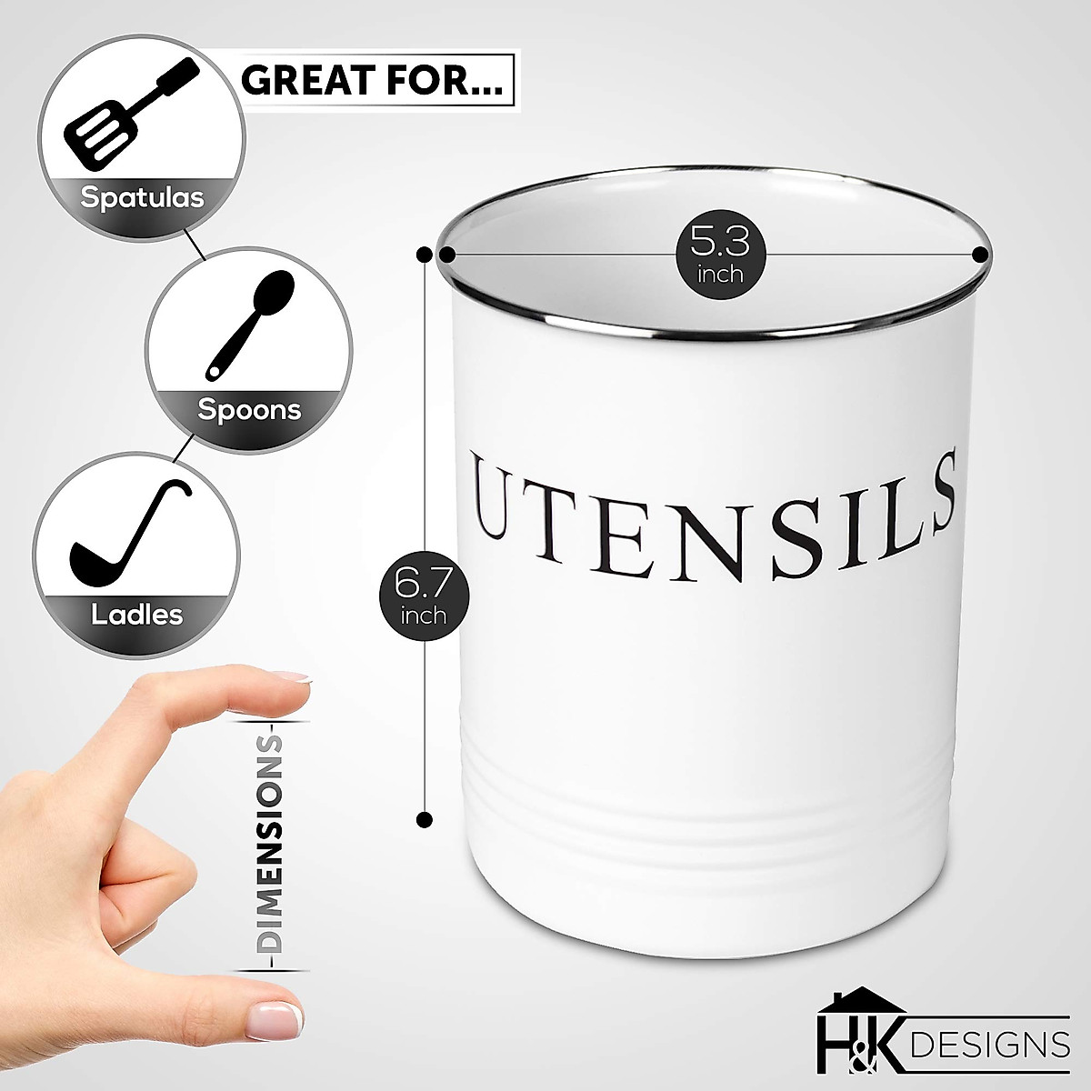 Kitchen Utensil Holder - Farmhouse Decor for Home - White Crock Organizer Caddy - Great for Large Cooking Tools by H+K Designs