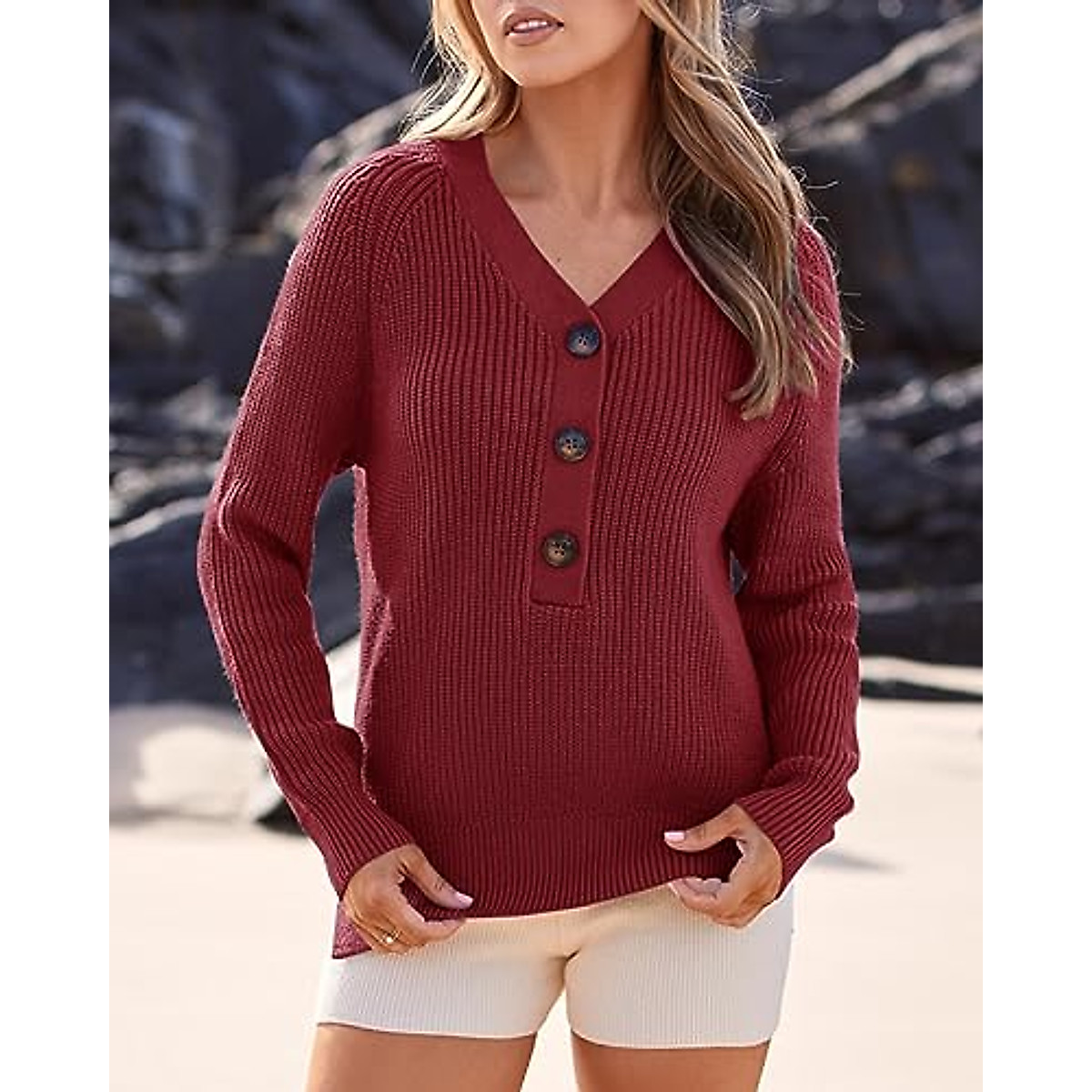 BTFBM Women Long Sleeve V Neck Button Down Sweater Solid Color Ribbed Knit Sweater Casual Relaxed Fit Pullover Jumper (Solid Jujube Red, Large)