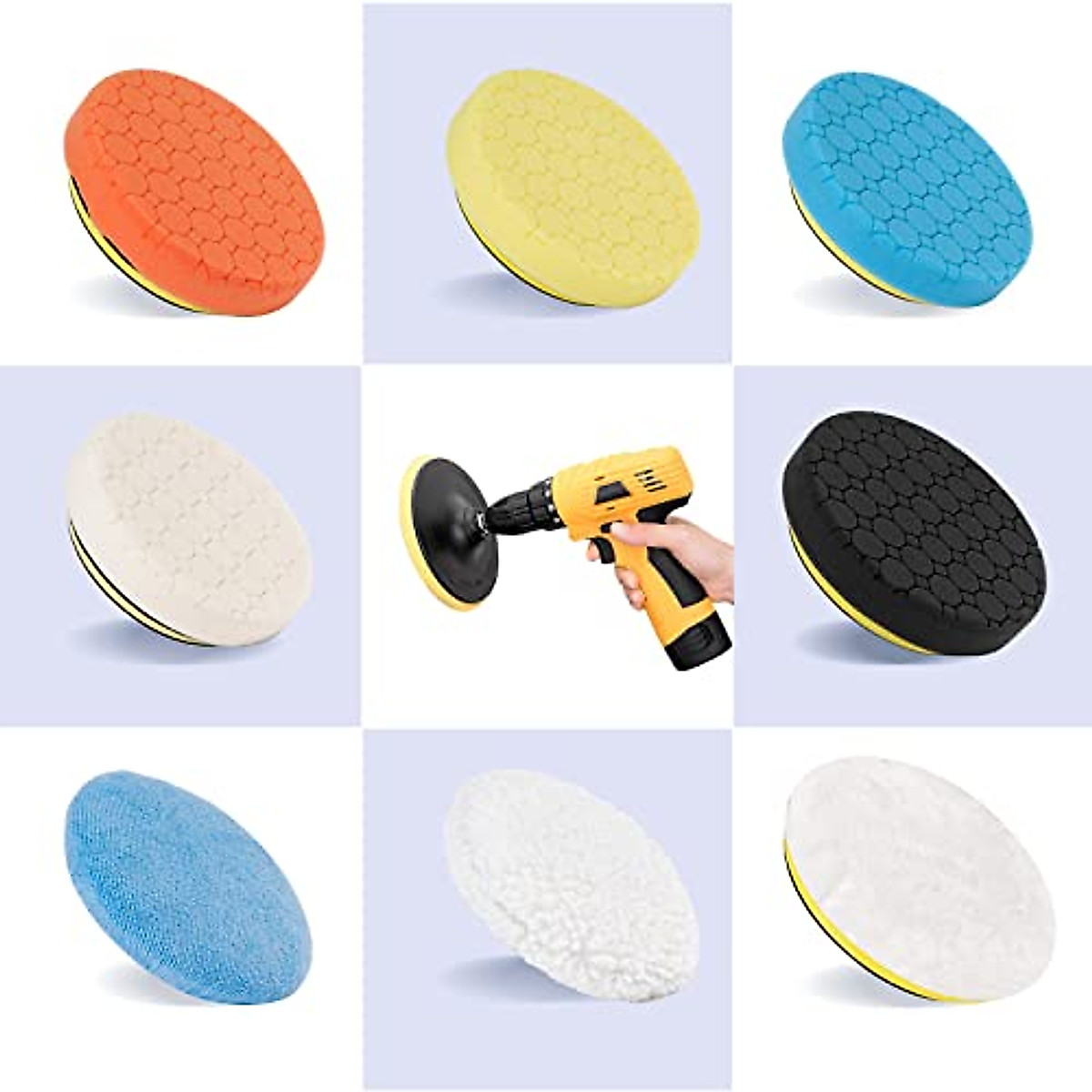 CHEGIF 17pcs 6 Inch Buffing Polishing Pads Kit, Car Buffing Sponge Pads Cutting Polishing Pad Kit, Includes Wool Buffing Pad and Polishing Bonnets with M14 Drill Adapter for Car Polishing and Waxing
