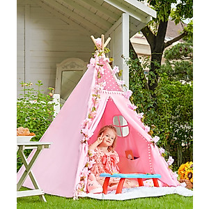 Gamenote Teepee Tent for Kids, Cotton Canvas Toddler Tents with Mat, Inner Pocket, Unique Reinforcement Part, Foldable Kids Play Teepee, Gifts Indoor Outdoor Playhouse for Baby Girls Boys