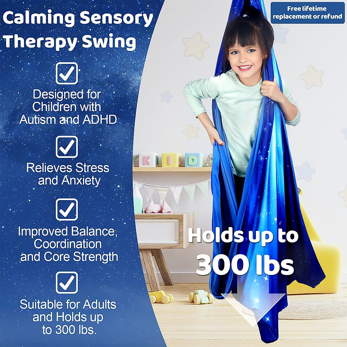 HiCamer Double Layer Sensory Swing for Kids & Adults Holds up to 300lbs Indoor and Outdoor Therapy Cuddle Swing with 360° Swivel Hanger Kit Adjustable Swing with Aspergers Autism ADHD (Star Blue)