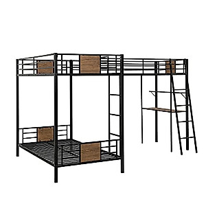 MOEO L-Shaped Twin Over Twin Metal Bunk Bed with Twin Size Loft Bedframe w/Desk and Shelf for 3 Kids, Adults, Bedroom, Bunkbed Attached, No Box Spring Need, Black