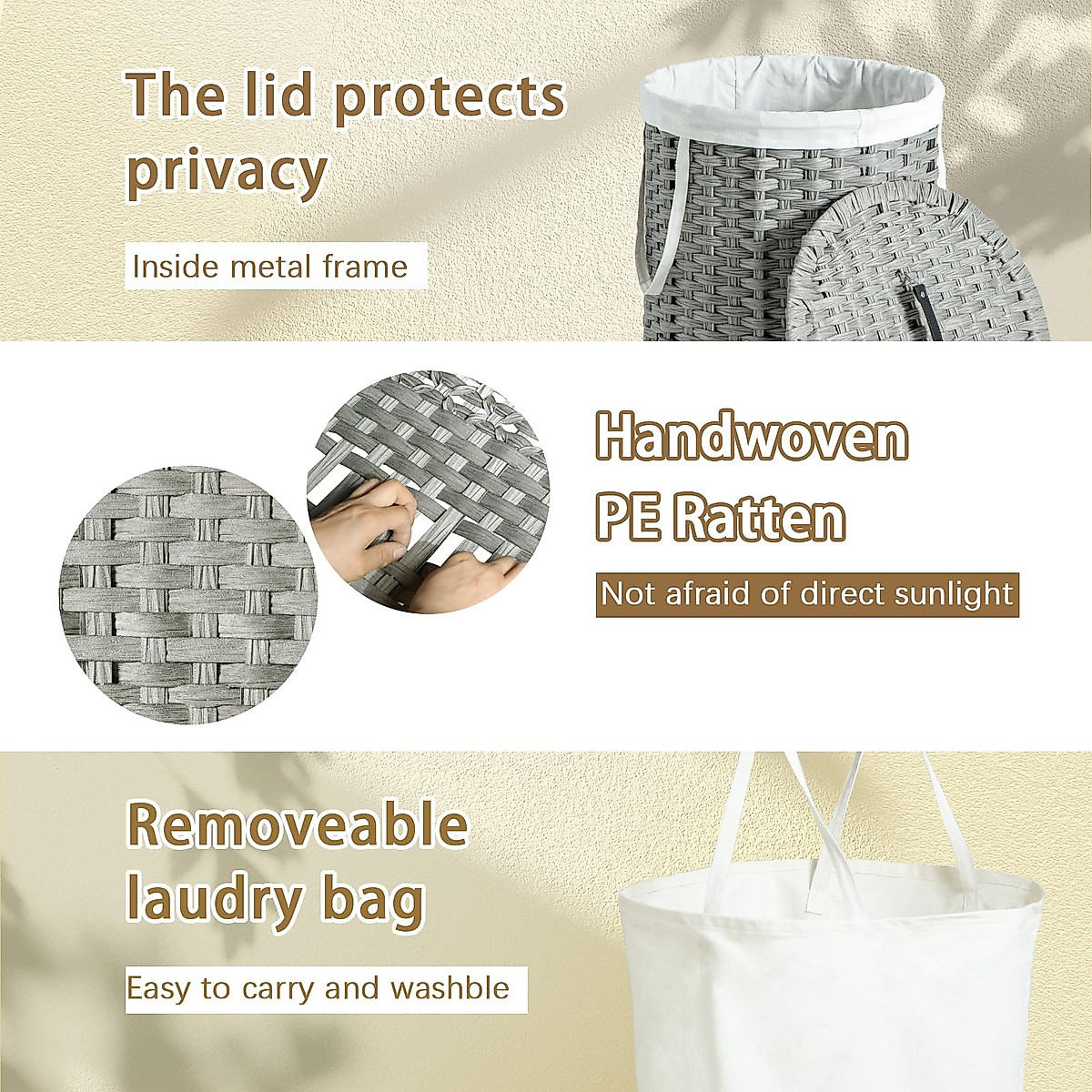 KUREEISE Laundry Basket with Lid, Handwoven Rattan Laundry Hamper, No Install Needed, 26.5 Gal (100L) Round Clothes Hamper with Removable Bag & Handles, Foldable Storage Basket