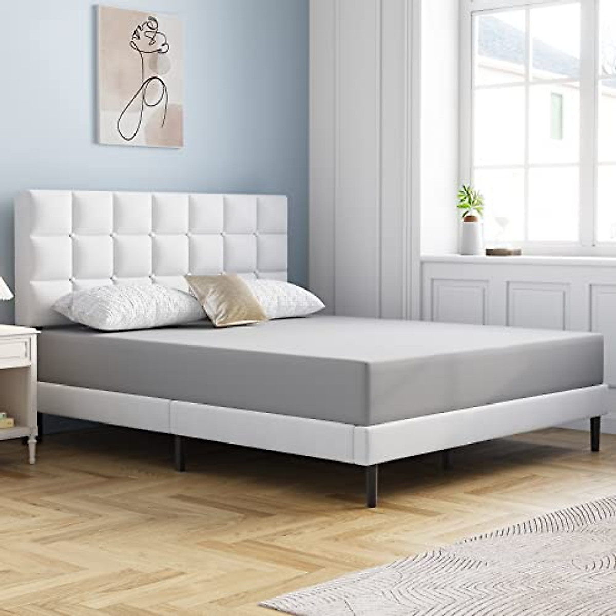 Molblly Queen Bed Frame Upholstered Platform with Headboard and Strong Wooden Slats,Non-Slip and Noise-Free,No Box Spring Needed, Easy Assembly,White