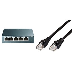 TP-Link 5 Port Gigabit Ethernet Switch and Amazon Basics Cat6 Ethernet Patch Cable Bundle