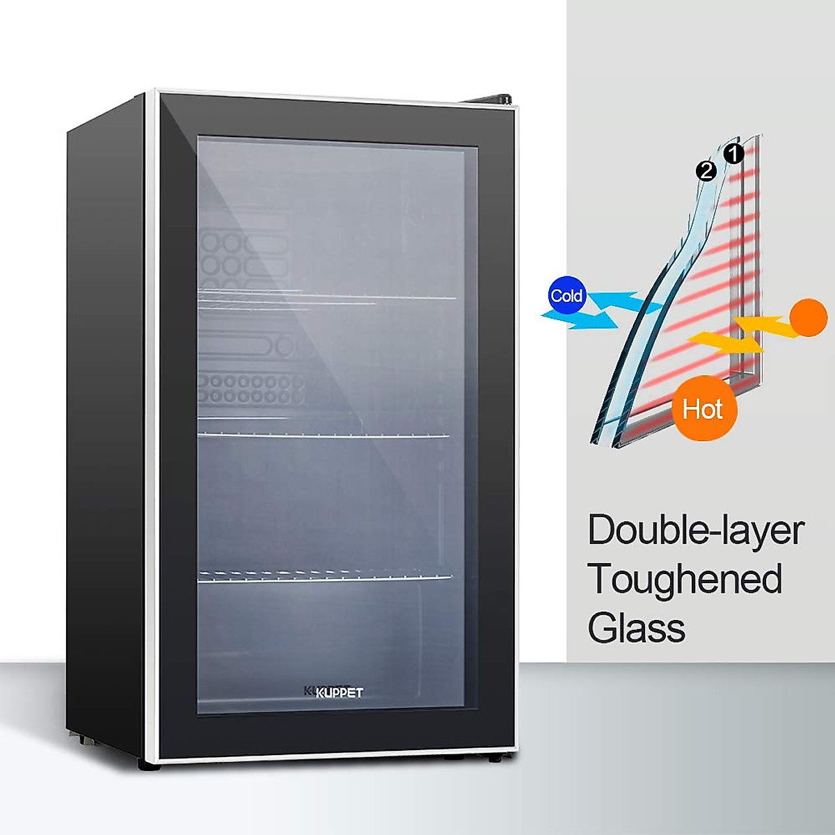 KUPPET 120-Can Beverage Cooler and Refrigerator, Small Mini Fridge for Home, Office or Bar with Glass Door, Perfect for Soda Beer or Wine, Black&Stainless Steel, 3.1 Cu.Ft