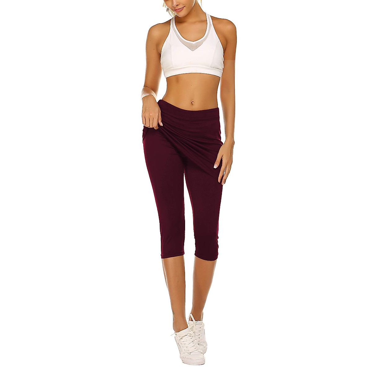Ekouaer Capri Skirt Active Tight Pants Performance Cycling Skirted Leggings Shorts Skirt Pants Wine Red