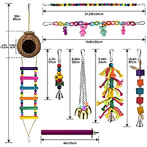 KATUMO Bird Toys, Natural Coconut Bird House with Colorful Ladder Hanging Chewing Toys Hammock Climbing Ladder Bird Colorful Toys with Bells for Parakeet, Conure, Cockatiel, Mynah, Love Birds, Finch