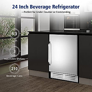 Velivi 24 Inch Beverage Refrigerator, Under Counter Beverage Cooler, Built-in and Freestanding Beverage Fridge 210 Cans, Drink Fridge with Stainless Steel Door for Soda, Beer, Wine