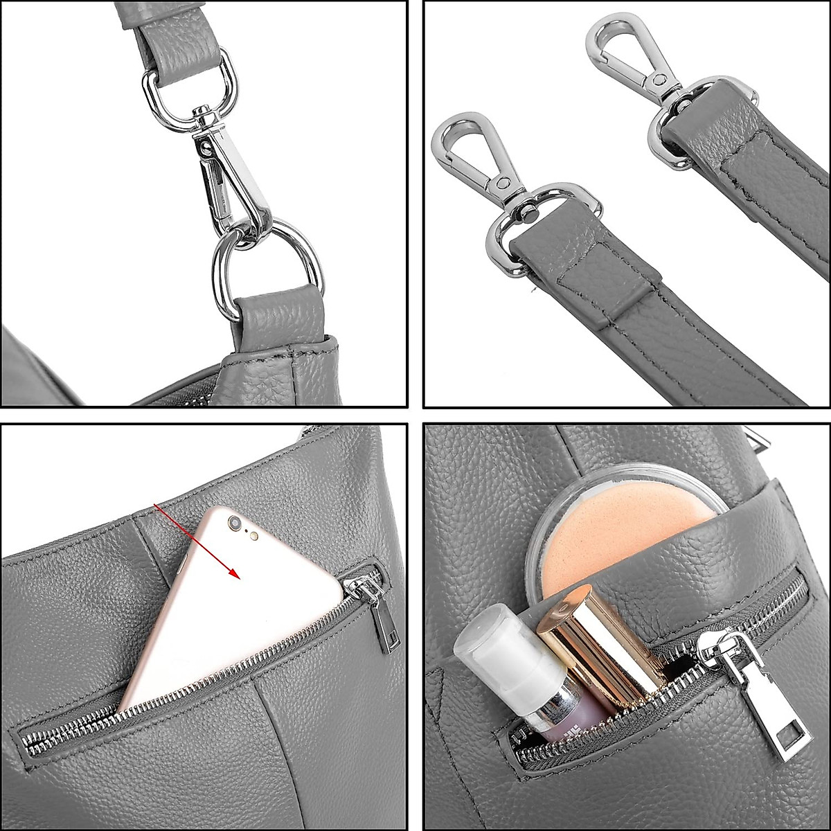 YALUXE Women's Multi Pocket Soft Cowhide Leather Medium Purse Style Shoulder Bag Grey