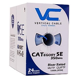 Vertical Cable Cat5e, 350 MHz, UTP, 24AWG, 8C Solid Bare Copper, 1000ft, Blue, Bulk Ethernet Cable - 054 Series