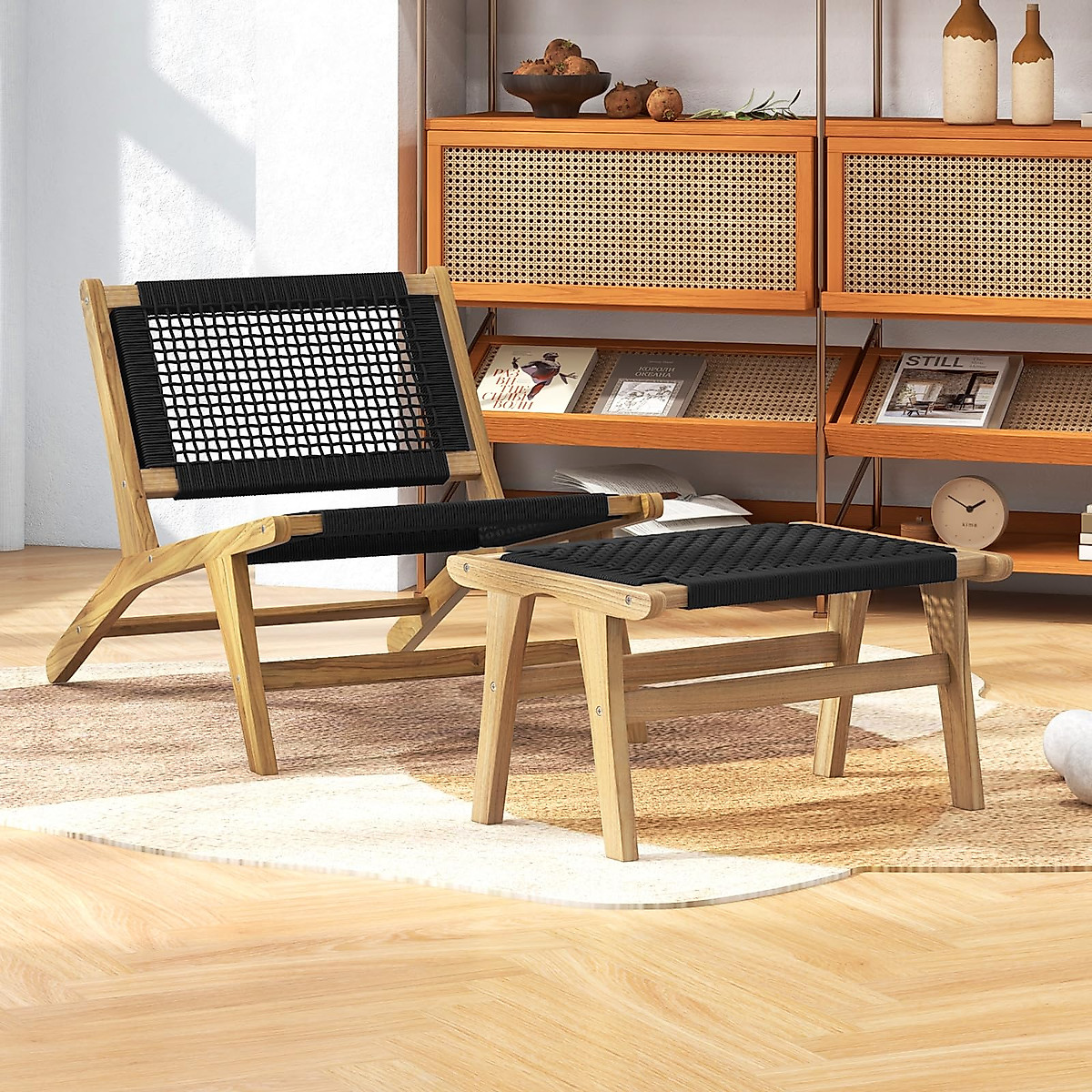 Tangkula Teak Ottoman Footstool, Natural Teak Wood Foot Rest with Handwoven Cordage for Patio, Porch, Balcony, Lawn, Garden, Backyard, Poolside & Deck,Indoor and Outdoor, 14" H (1)