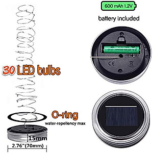 SunKite Solar Mason Jar Lights, 12 Pack 30 LED Waterproof Fairy Firefly Jar Lids String Lights with Hangers(NO Jars), Patio Yard Garden Wedding Decoration - Warm White