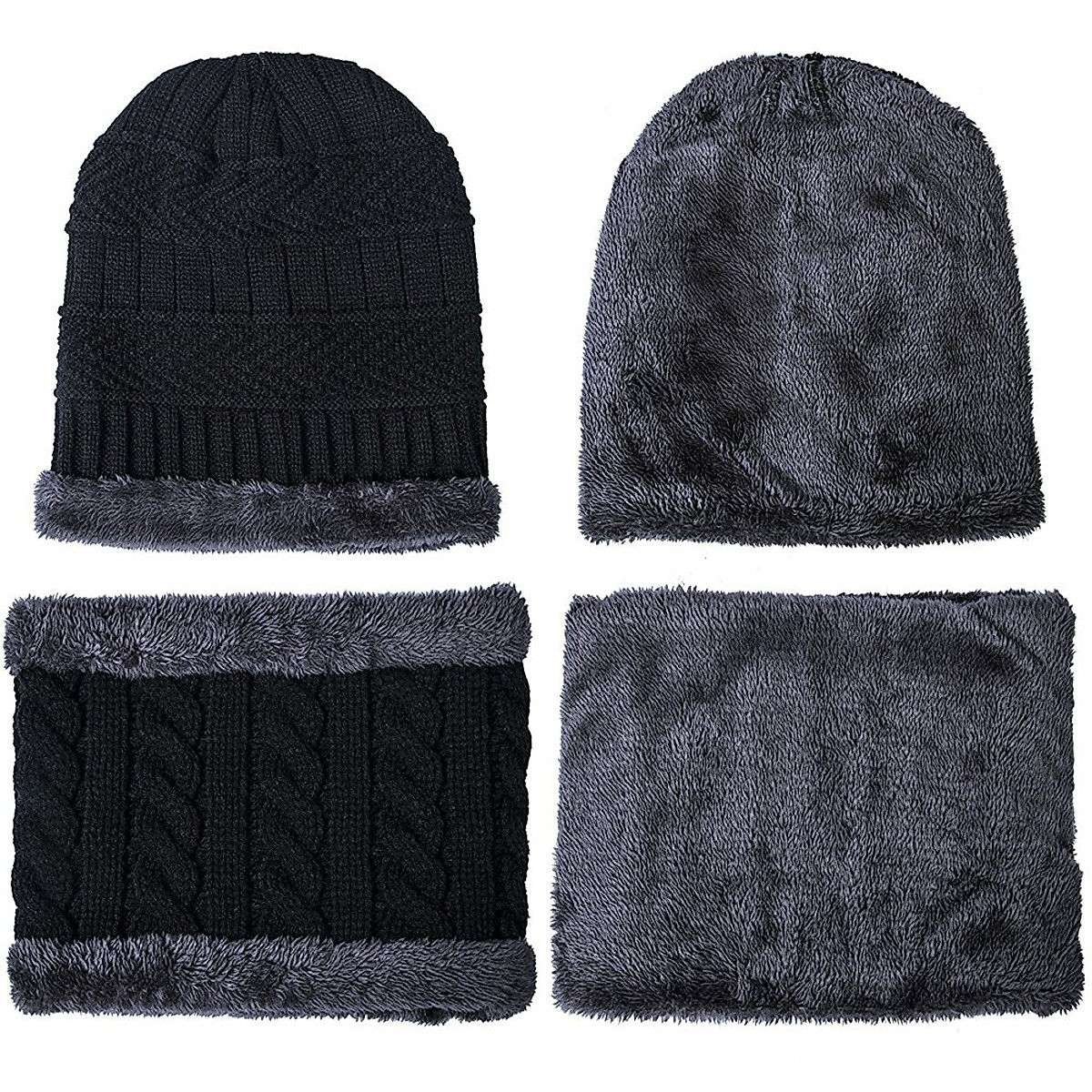 Warm Winter Beanie Hat & Scarf Set Stylish Knit Skull Cap for Men Women (05 Black)
