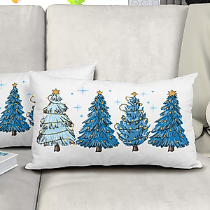 Blue Christmas Tree Lumbar Throw Pillow Covers 12X20 In Set of 2 Xmas Tree Lights Stars Decorative Rectangle Pillow Cases Winter Holiday Pillow Cover Farmhouse Home Decor For Living Room Sofa Couch