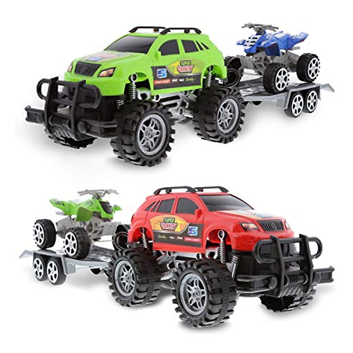 Mozlly Friction Powered Monster Trucks Car Toy SUV Towing ATV Toys Set of 2 - Monster Truck with Trailer ATV Toys for Fun Playtime Indoor or Outdoor - 2 Pack
