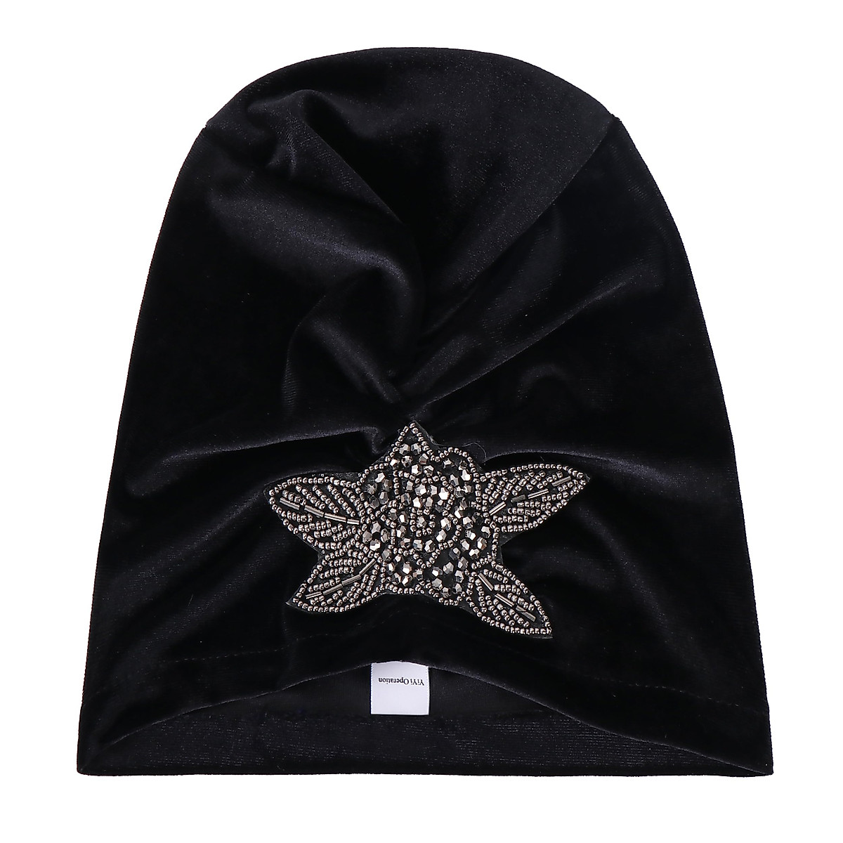 YiYi Operation Women's Stretch Velvet Turban Hat Cancer Chemo Beanie Beaded Flower Hair Wrap Cap Headwear (Black)