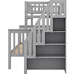 DNYN Stairway Twin-Over-Full Bunk Bed with Storage Shelves & Guardrail for Dorm,Kids Bedroom,Solid Pine Wood Bedframe,Space Saving Design & No Box Spring Needed, Grey