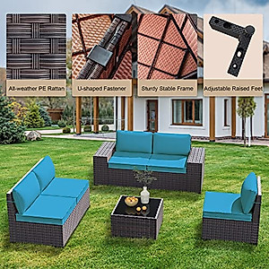Grezone 6 Pieces Patio Outdoor Furniture Sets All Weather Wicker Sectional Sofa Couch Lawn Sectional Furniture with Washable Couch Cushions and Black-Glass Table (Blue)