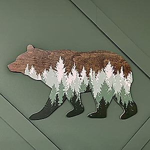 Forest Bear Wall Sign, Adventure Woodland Theme, Rustic Nursery Decor, Pine Tree Mountain Aesthetic, 18 x 10 inches, Man Cave Home Bedroom Cabin Office House Art Decorations, Hickory Hollow Designs… (Dark Walnut/Green Pine Trees)