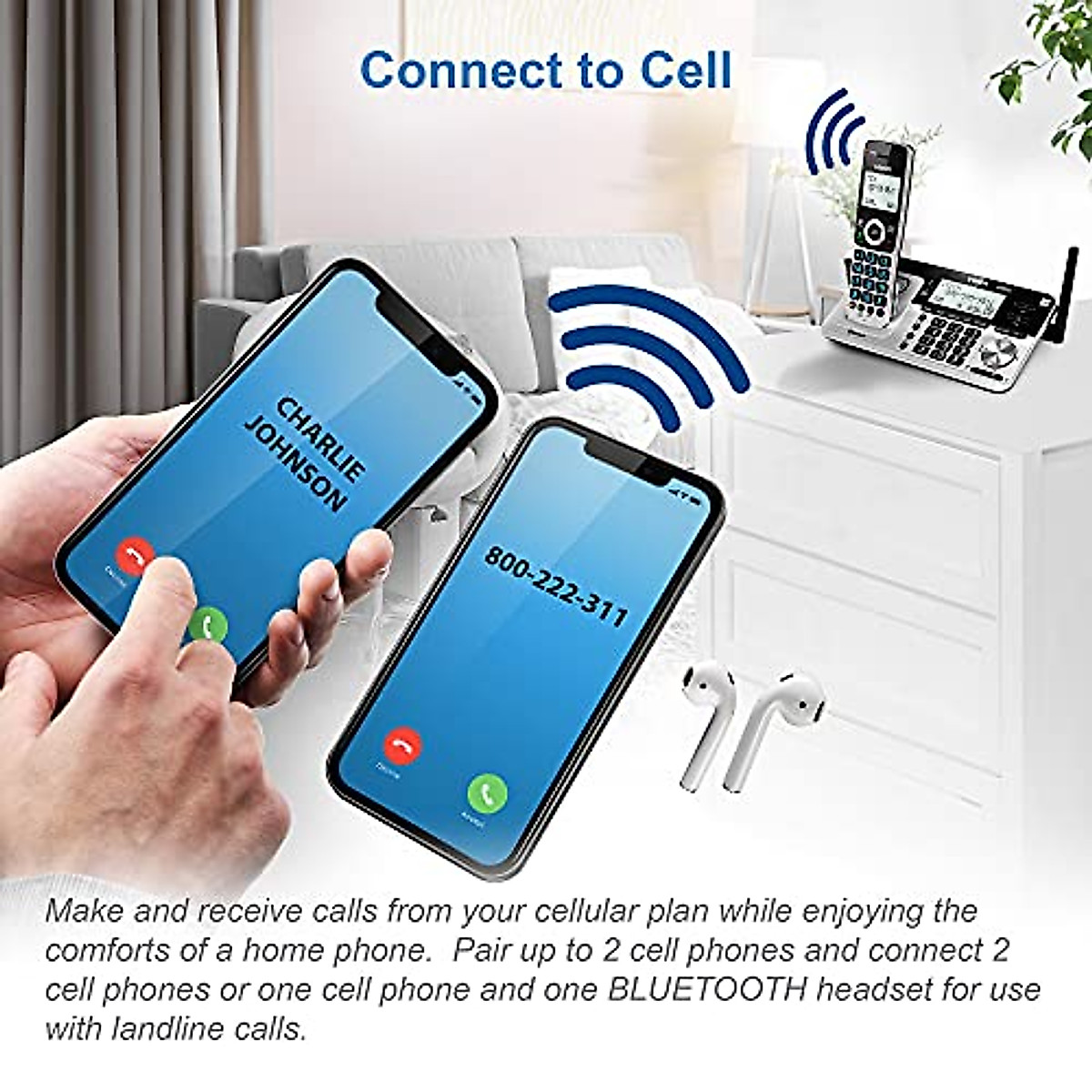 VTech VS113-5 Extended Range 5 Handset Cordless Phone for Home with Call Blocking, Connect to Cell Bluetooth, 2" Backlit Screen, Big Buttons, and Answering System, Silver & Black