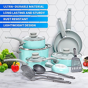 Mueller 16-Piece Non-Stick Stone Cookware Set with Steamer and Glass Lids, Turquoise