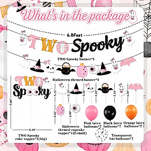 K KUMEED Pink Halloween 2nd Birthday Decorations,Two Spooky Themed Banner,Cute Ghost Eyeballs Hat Cake Topper and Latex Balloons for Girls Halloween 2 Year Old Party Supplies