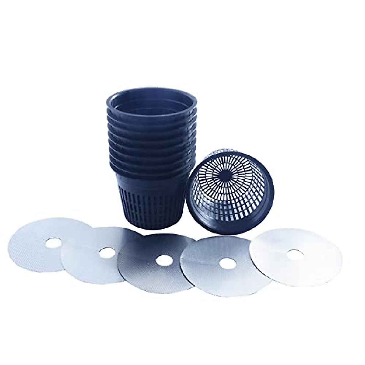 HORTIPOTS 5 Inch Net Pots Raised Center Bottom Mesh Side Wide Rim Round Cup with Free Reflective Top Lids for Hydroponics Systems (Pack of 10, Black)