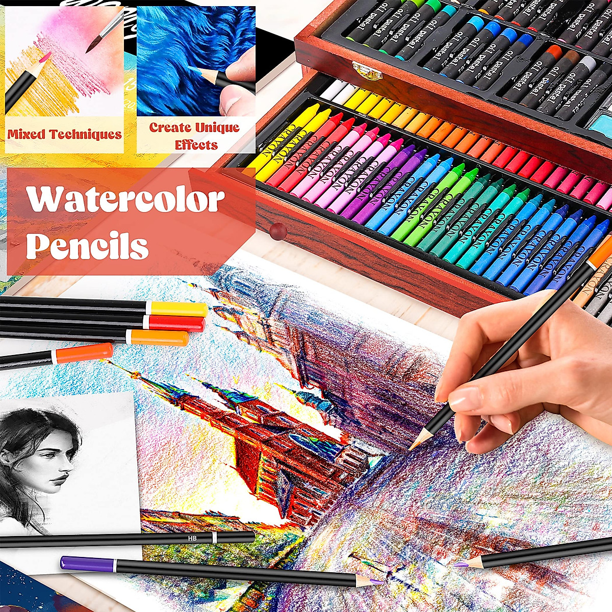 Art Supplies, Caliart 153-Pack Deluxe Wooden Art Set Crafts Drawing Painting Coloring Supplies Kit with 2 A4 Sketch Pads, 1 Coloring Book, Creative Gift Box for Adults Artist Beginners Kids Girls Boys