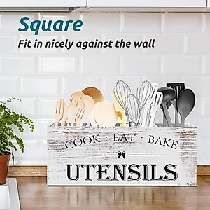 Suli Extra Large Kitchen Utensils Holder with 4 Compartments, Wooden Utensil Organizer for Kitchen Countertop, Farmhouse Kitchen Decor, Rustic Cooking Utensil - White grain