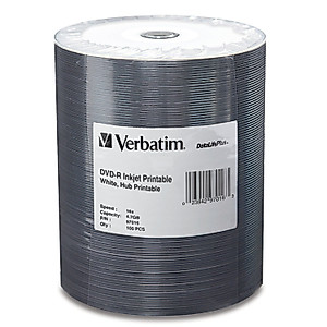 Verbatim 4.7GB up to 16x DataLifePlus White Inkjet Hub Printable Recordable Disc DVD-R 100-Disc Tape Wrap 97016 3-Pack