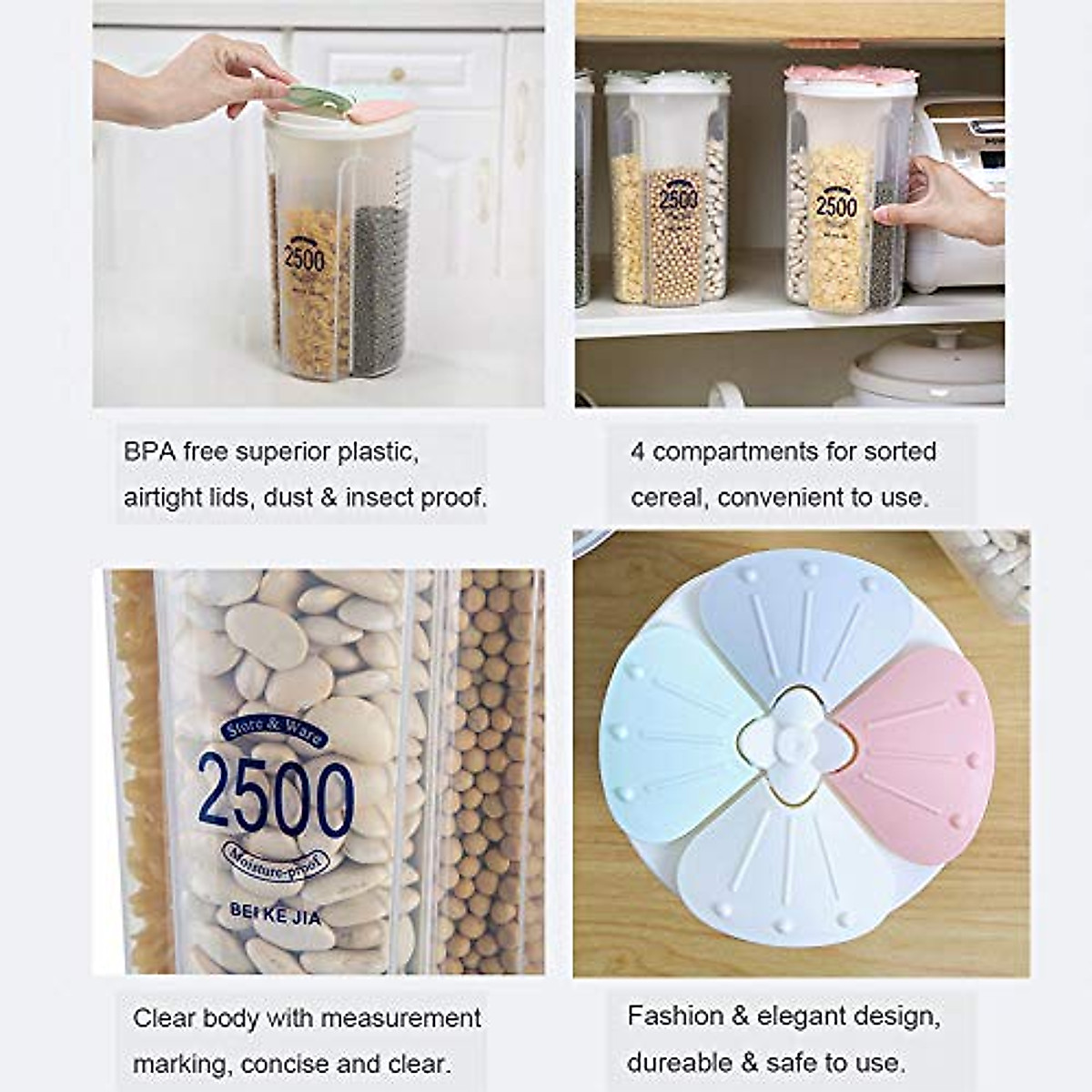 Cereal Storage Container, Airtight Food Storage Container BPA Free Plastic Cereal Dispenser Large Kitchen Storage Keeper with Lids and Compartments for Grain, Sugar, Flour, Rice, Nuts, Snacks (2.5L)