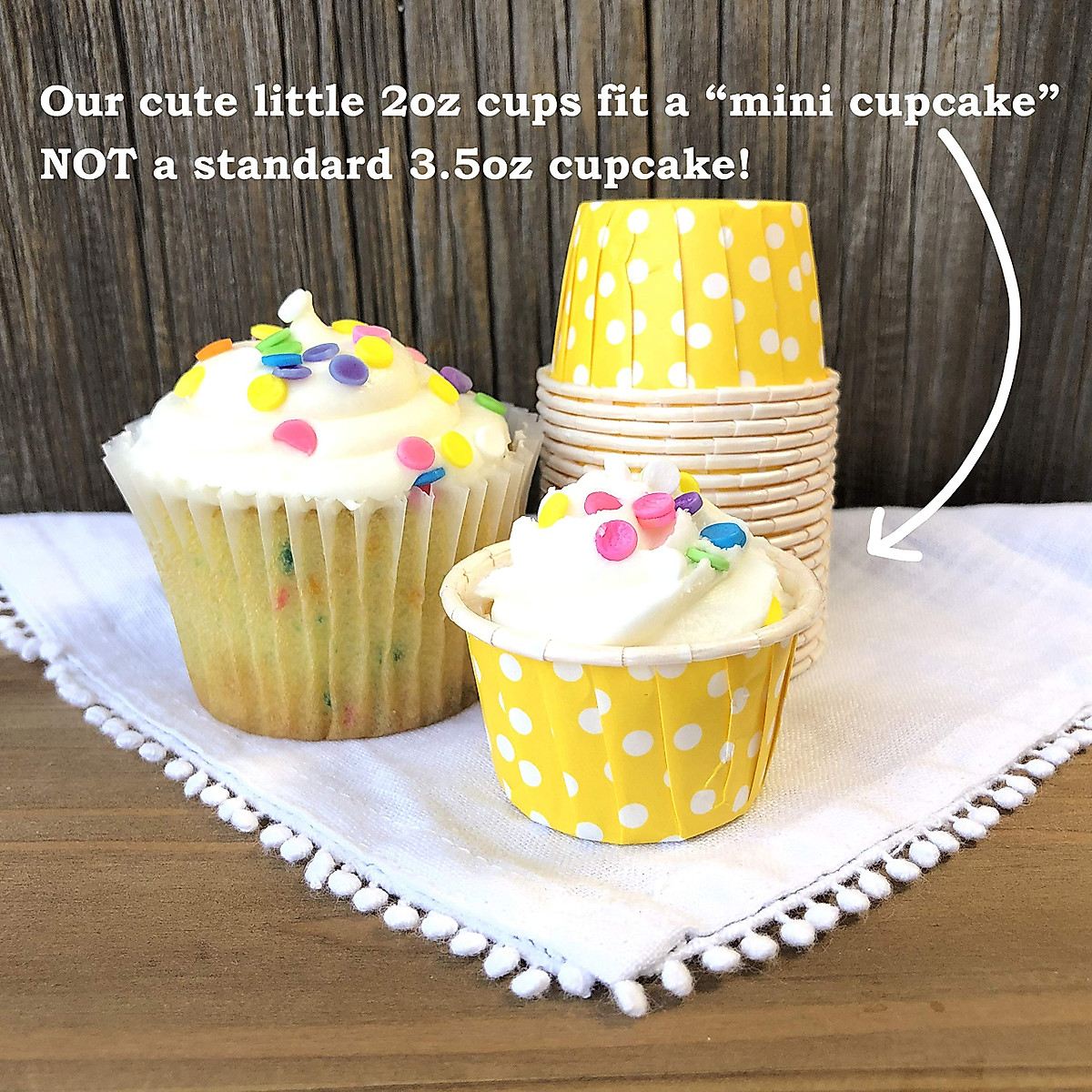 Bulk MINI Candy Nut Paper Cups - Mini Baking Liners - Yellow White Polka Dot - 100 Pack