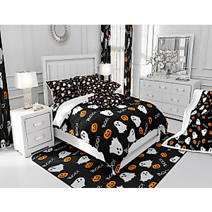 White Ghost Bedding Set,Pumpkin Lantern Comforter Cover Set for Teens Women Room Decor,Cartoon Halloween Duvet Cover Breathable Black White Orange Bedspread Cover Full Size