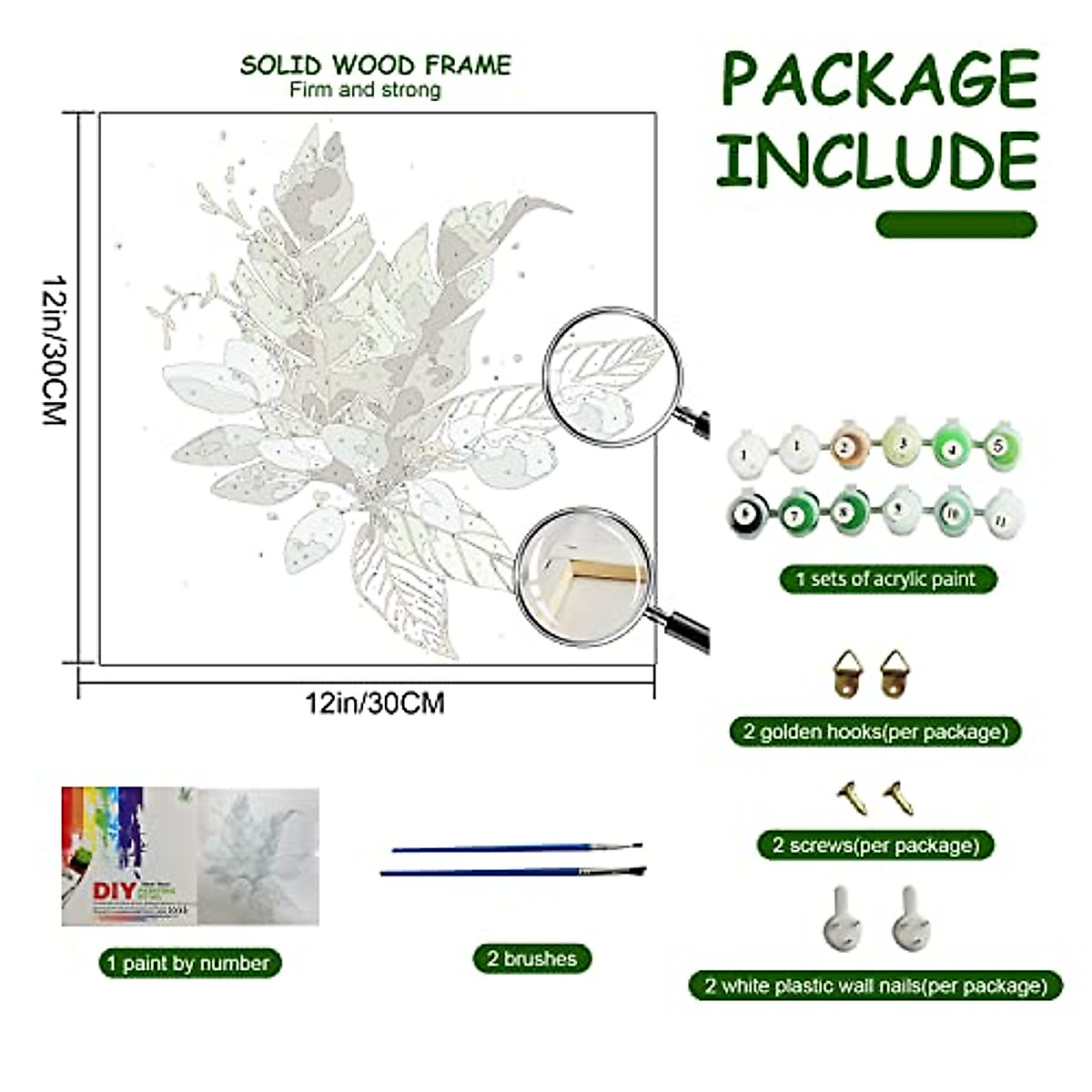 SANWEITU Paint by Number for Adults with Wooden Frame 12×12 inch Paint by Number 3 Packs Green Plants Home Decoration for Beginners with Paints and Brushes