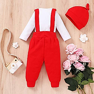 YOUNGER TREE 3PCS Newborn Infant Baby Boy Clothes My 1st Valentines Day Outfits Bow-tie Romper+Overalls Suspender Pants+Hat (6-12 Months, Bowtie Romper+Overalls +Hat)
