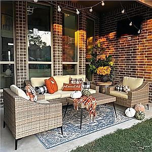 YITAHOME 4 Piece Patio Furniture Set, Outdoor Sectional Sofa PE Rattan Wicker Outside Couch with Table and Cushions, All-Weather Rattan Patio Conversation Set for Porch Lawn Garden Backyard - Khaki