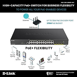 D-Link 28-Port Gigabit Smart Managed PoE+ Switch | 24 PoE+ Ports (370W) + 4 10G SFP+ Ports| L2+/L3 Lite |VLANs |Web Managed |Surveillance Mode | Rackmount | NDAA Compliant (DGS-1250-28XMP-6KV)