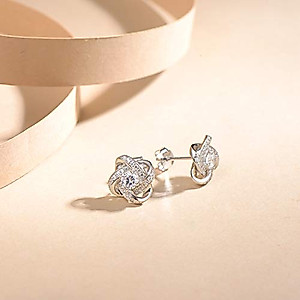 FANCIME White Gold Plated Real Sterling Silver Hypoallergenic Stunning Cubic Zirconia CZs Big/Large Daith Flower Knot Studs Earrings For Women Wedding Bridal，Size 12mm