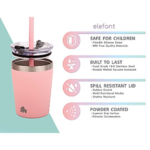 ELEFANT Kids & Toddler Cups (SET of 2), Stackable Stainless Steel Insulated Tumblers with BPA FREE Leak Proof Lids and Reusable Silicone Straws, Elegant, Powder Coated (BLUE + TURQUOISE)