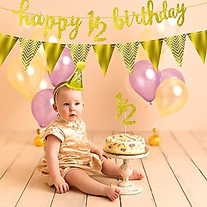 LHMTQVK Happy 1/2 Birthday Banner Pre-Strung 6 Months Banner, Half Birthday Banner 1/2 Birthday Crown Hat, 1/2 Half Year Cake Topper- for Baby's 6 Months Birthday Party Decoration Set… (Gold)