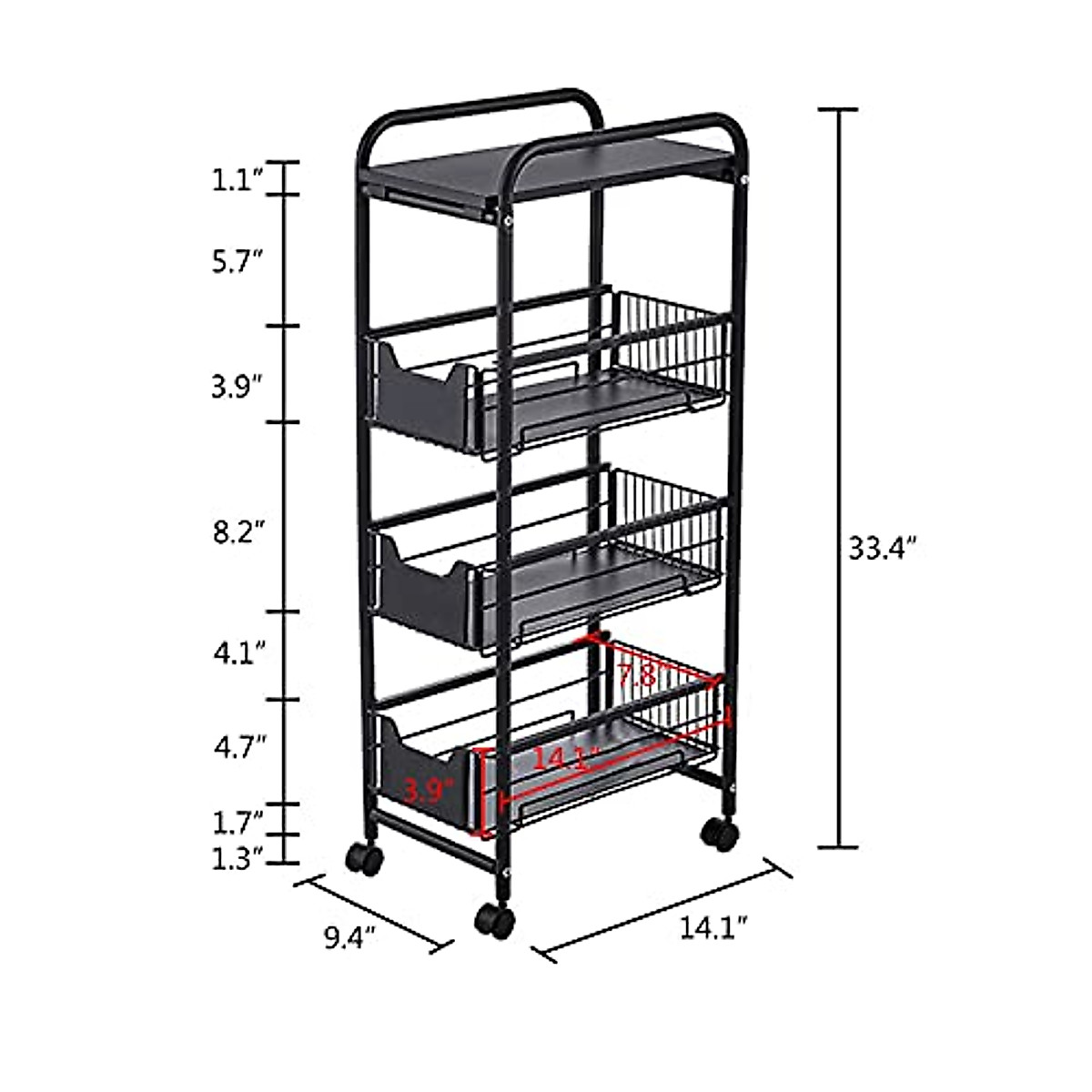 LOYALHEARTDY 4-Tier Carbon Steel Slim Rolling Cart 9.4Inch Width Kitchen Storage Organizer Mobile Shelving Unit Storage Carts with Lockable Wheels Slide Out Storage Tower Rack